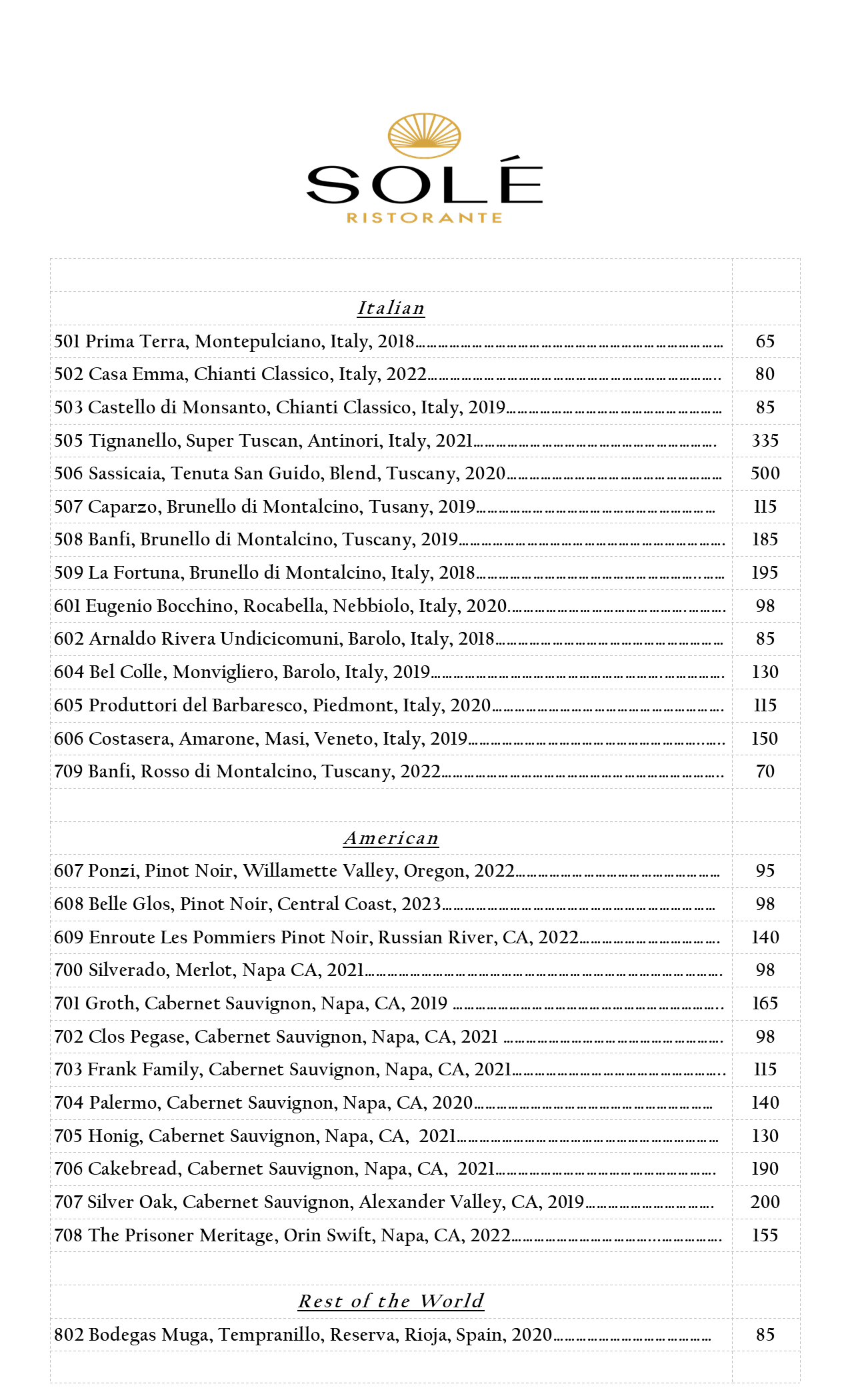 Solé | Restaurant Menu